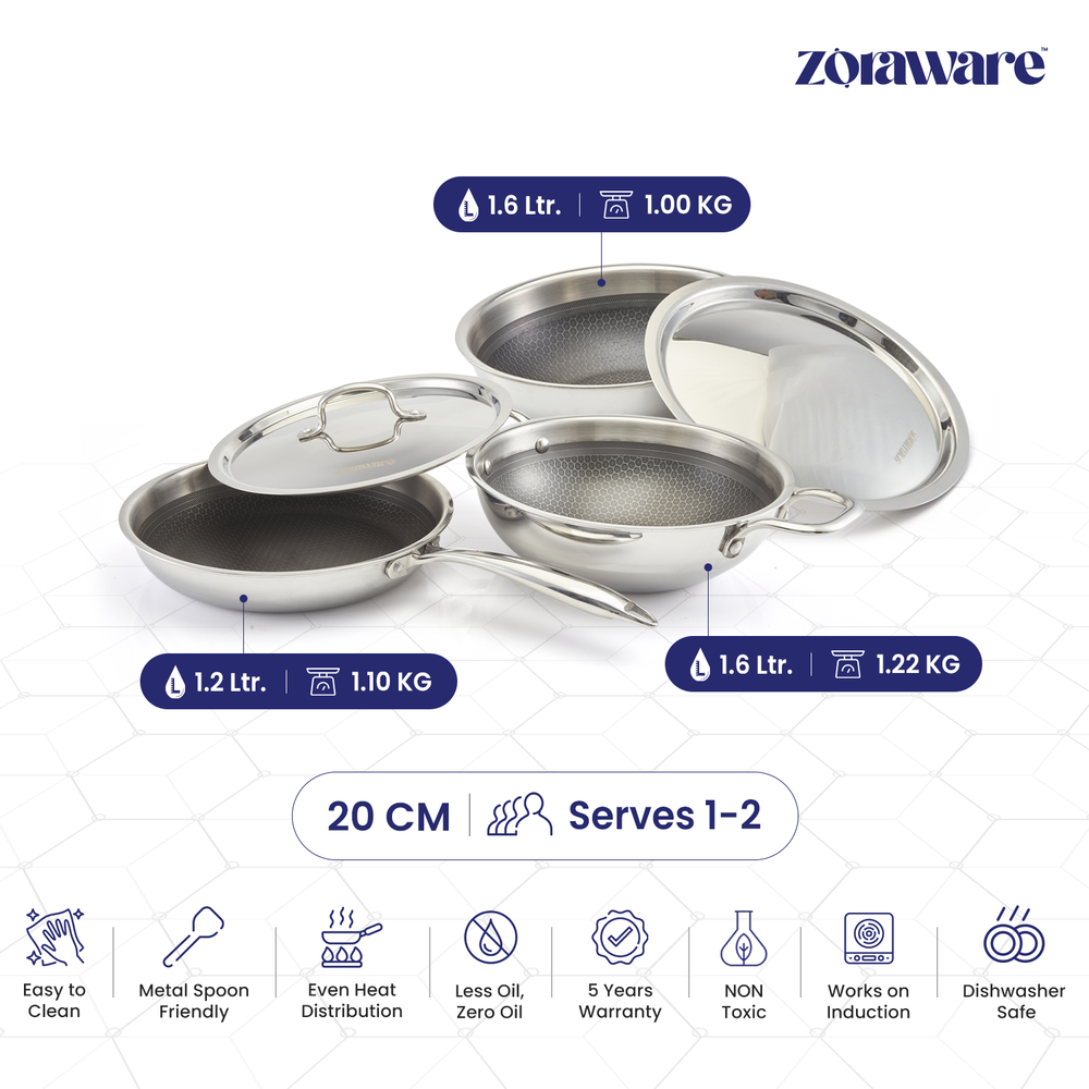 Honey Comb Triply Kadai + Fry Pan + Tasra Set with Lid (5 Pcs Set ...