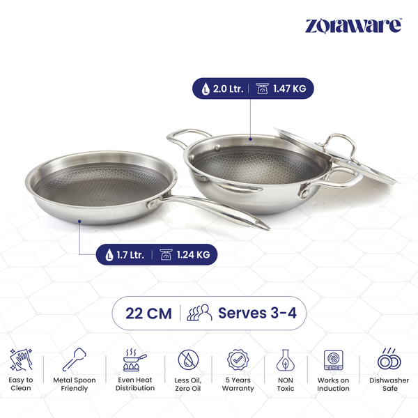 Honey Comb Triply Kadai + Fry Pan Cookware Set with Lid (3 Pcs Set ...